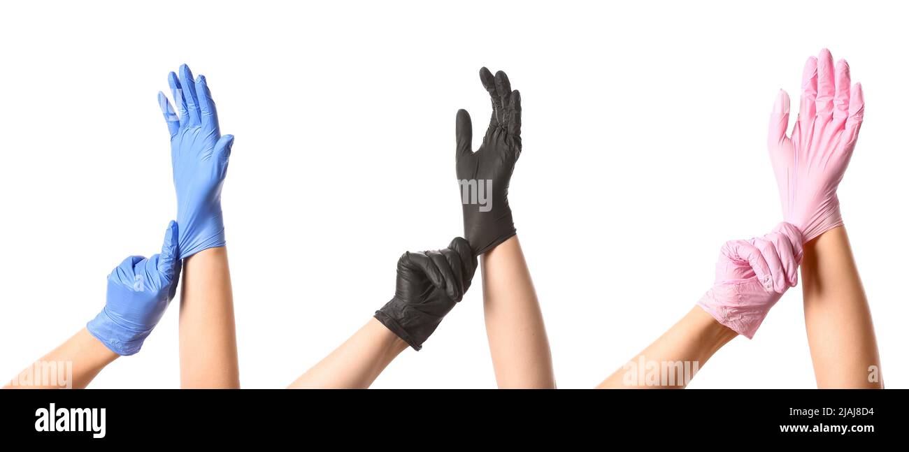 Set of women putting on medical gloves on white background Stock Photo ...