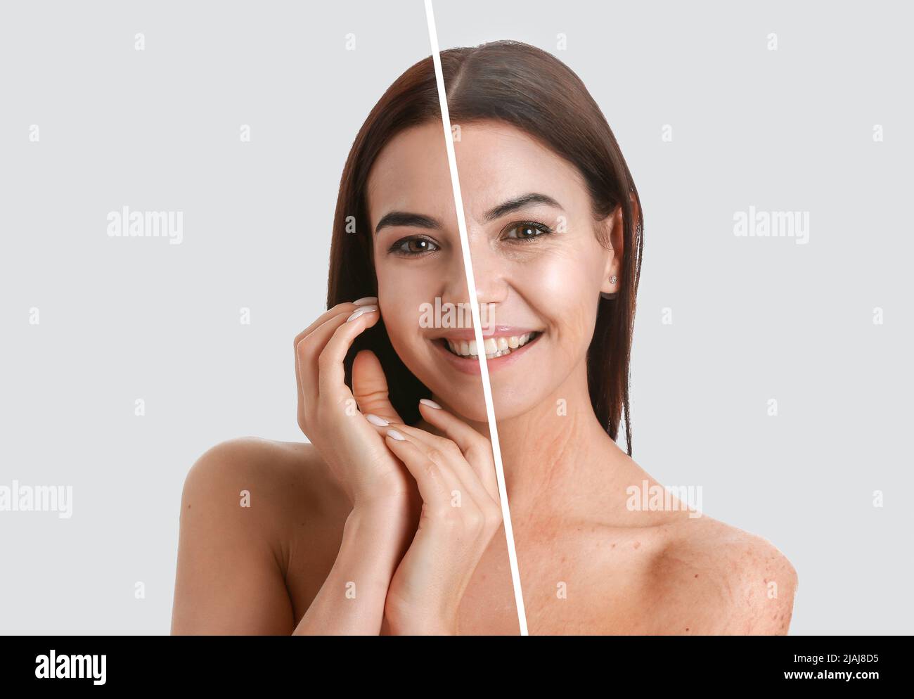 Comparison portrait of woman on grey background. Process of aging Stock ...