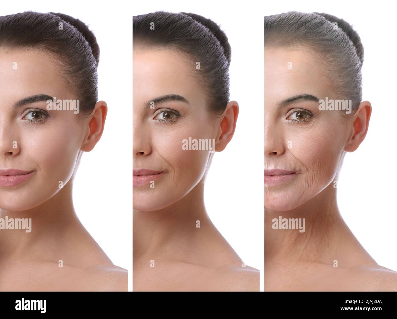 Portraits of Asian woman at different stages of aging on white ...