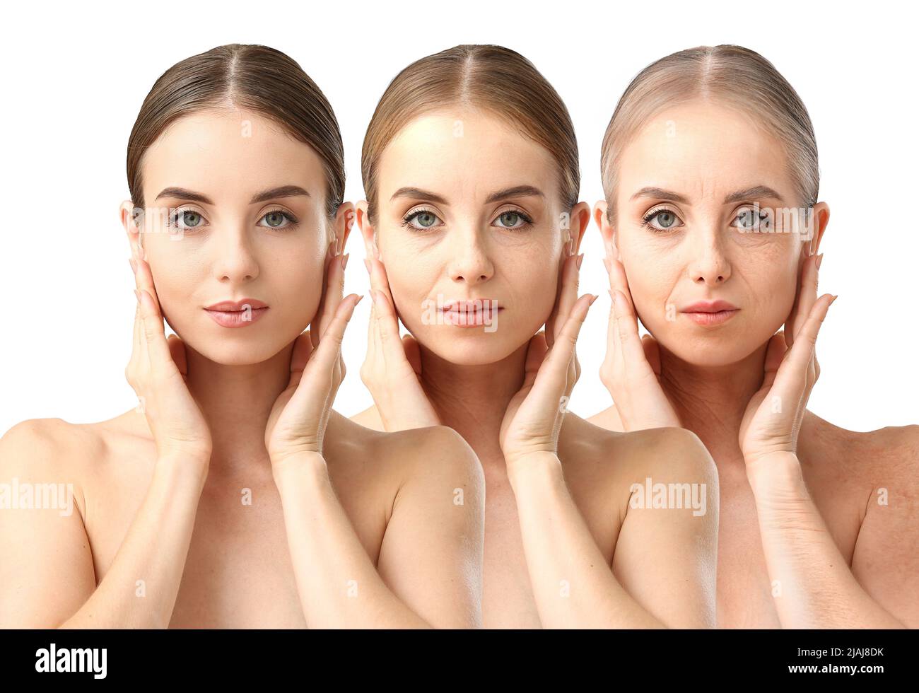 Portraits of woman at different stages of aging on white background ...