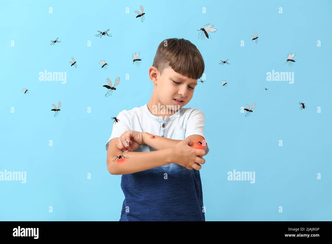 Little boy scratching himself because of mosquito bites on blue ...