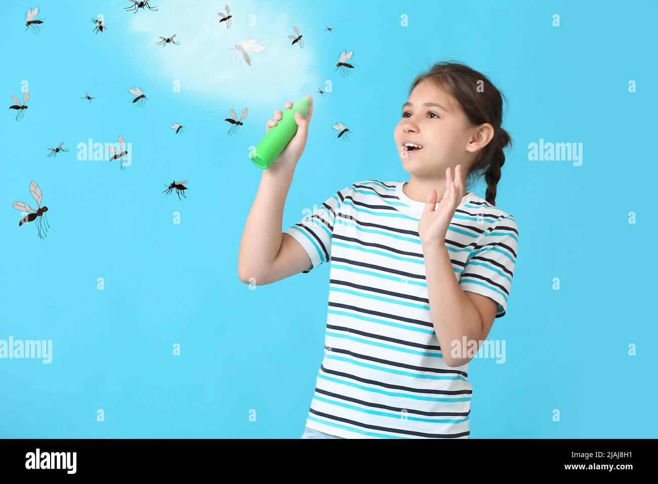 Little girl with mosquito repellent on blue background Stock Photo - Alamy