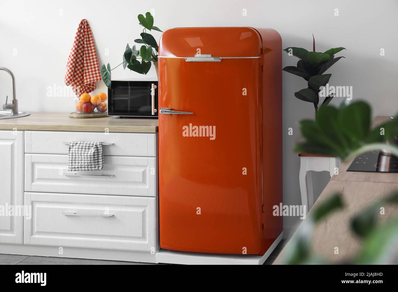Interior of modern kitchen with stylish retro refrigerator Stock Photo ...