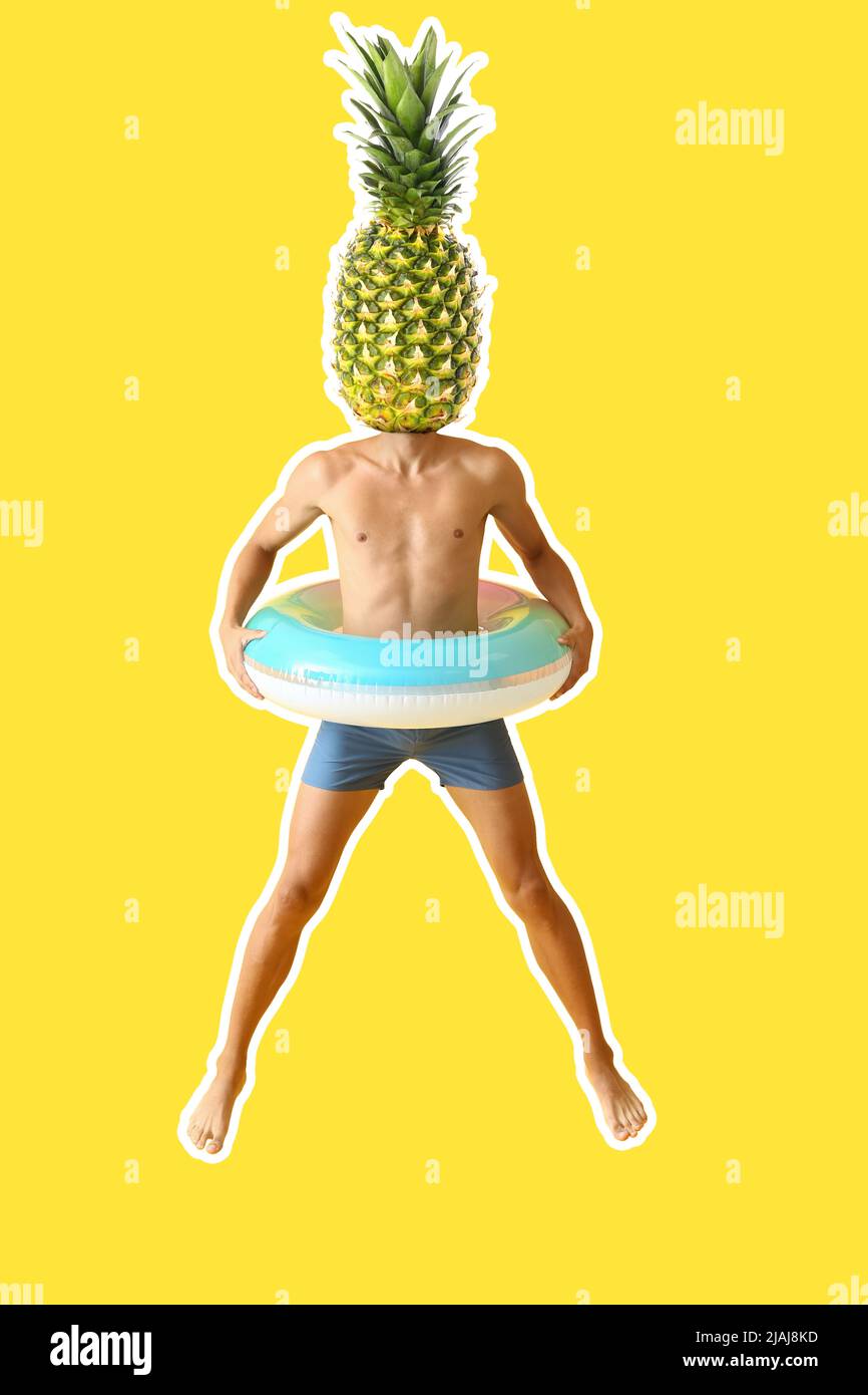 Jumping man with ripe pineapple instead of his head and swimming ring ...