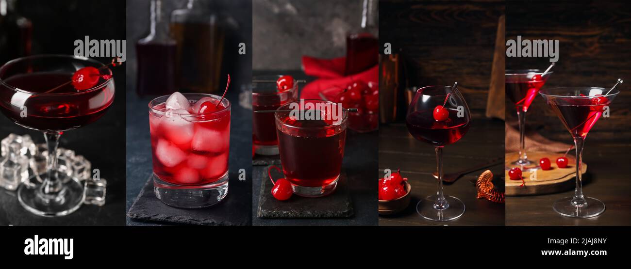 Collage with tasty Manhattan cocktails on dark background Stock Photo ...