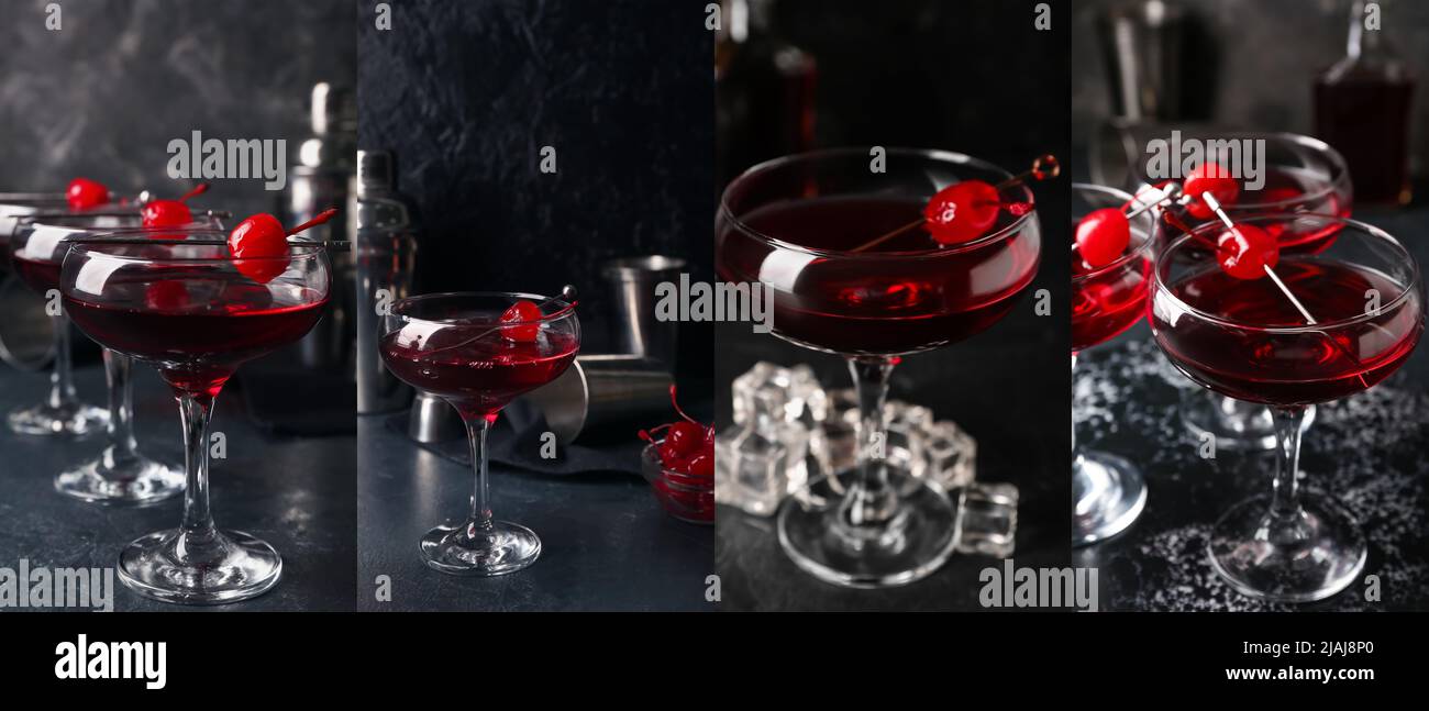 Collage with tasty Manhattan cocktails on dark background Stock Photo ...