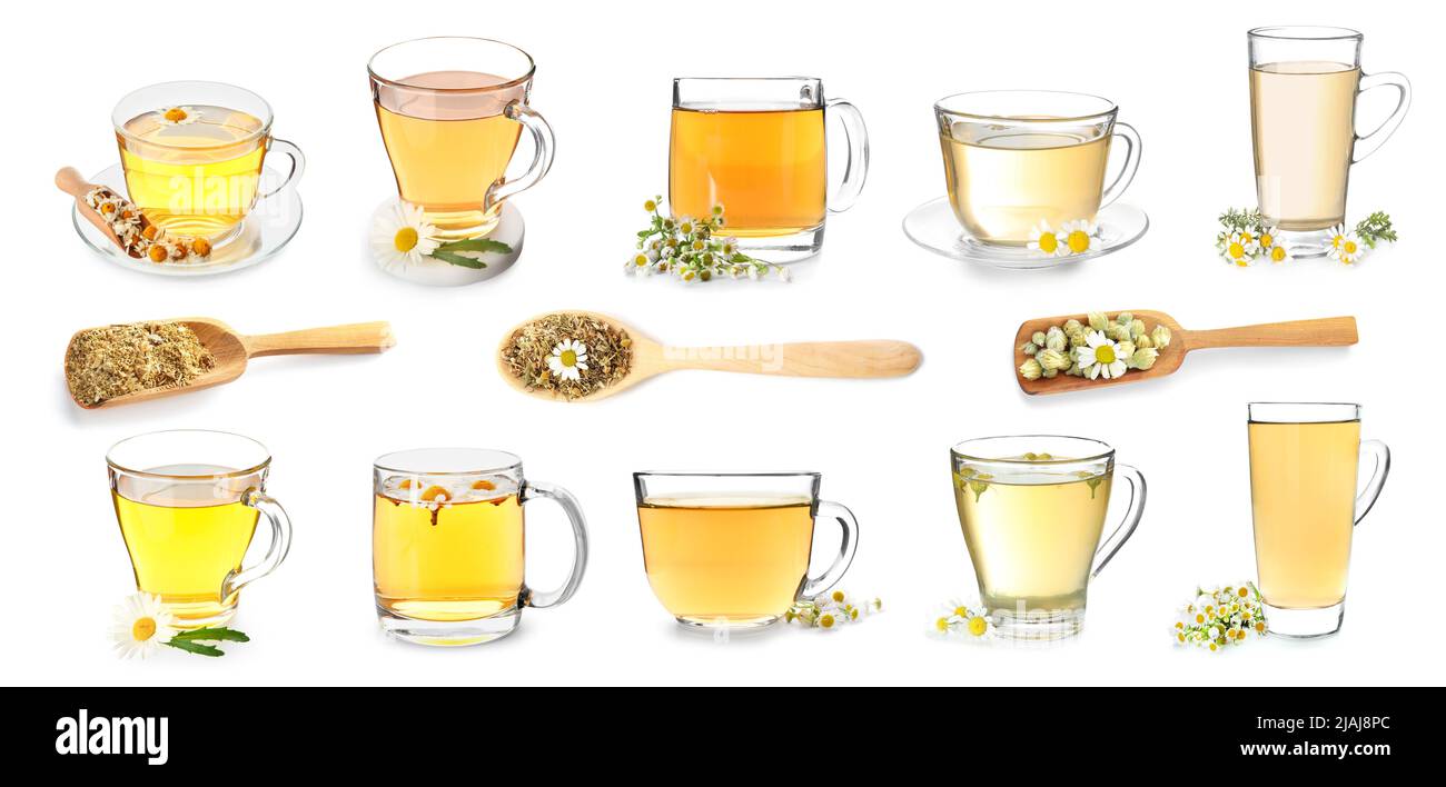 Set of healthy chamomile tea isolated on white Stock Photo - Alamy