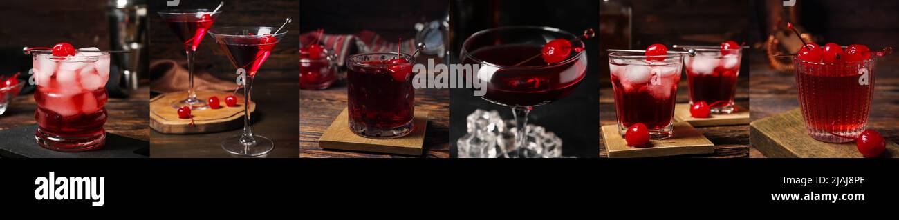 Collage with tasty Manhattan cocktails on dark background Stock Photo ...