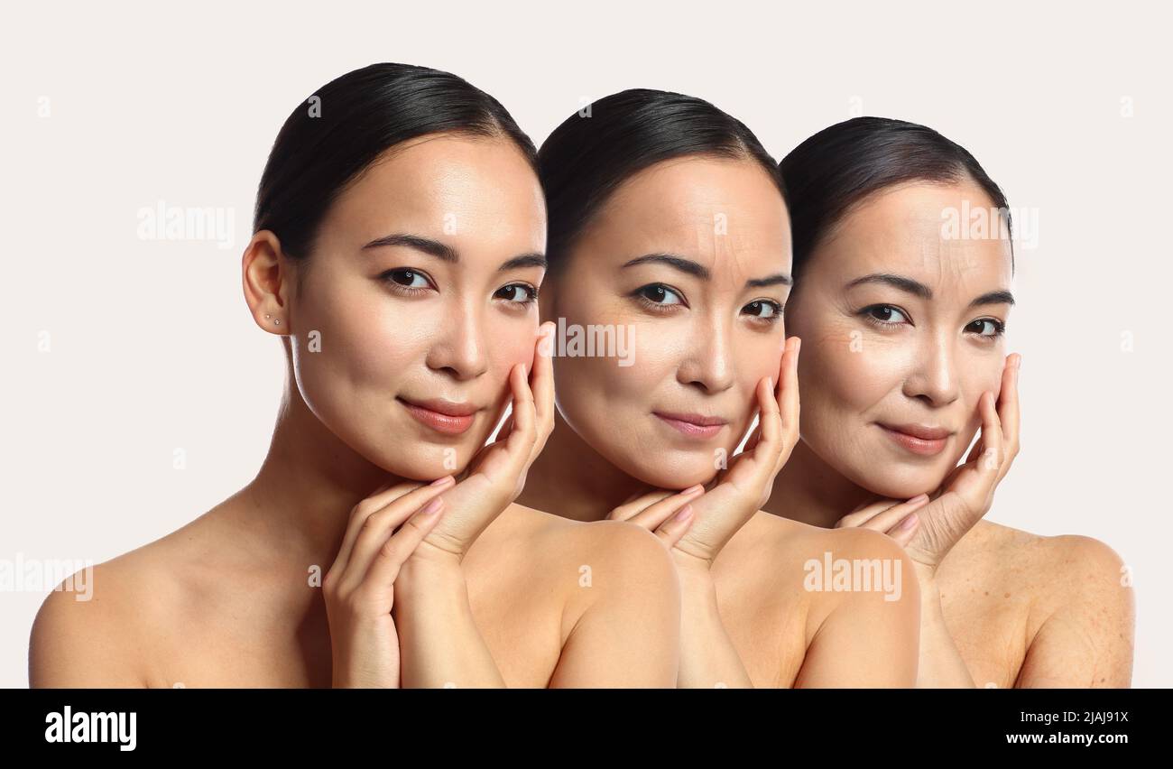 Portraits of Asian woman at different stages of aging on light ...