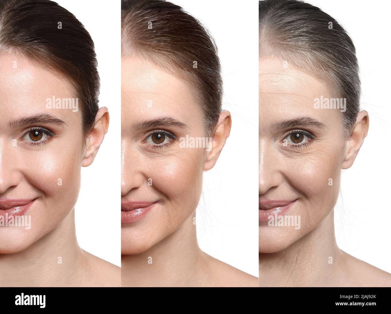 Portraits of woman at different stages of aging on white background ...