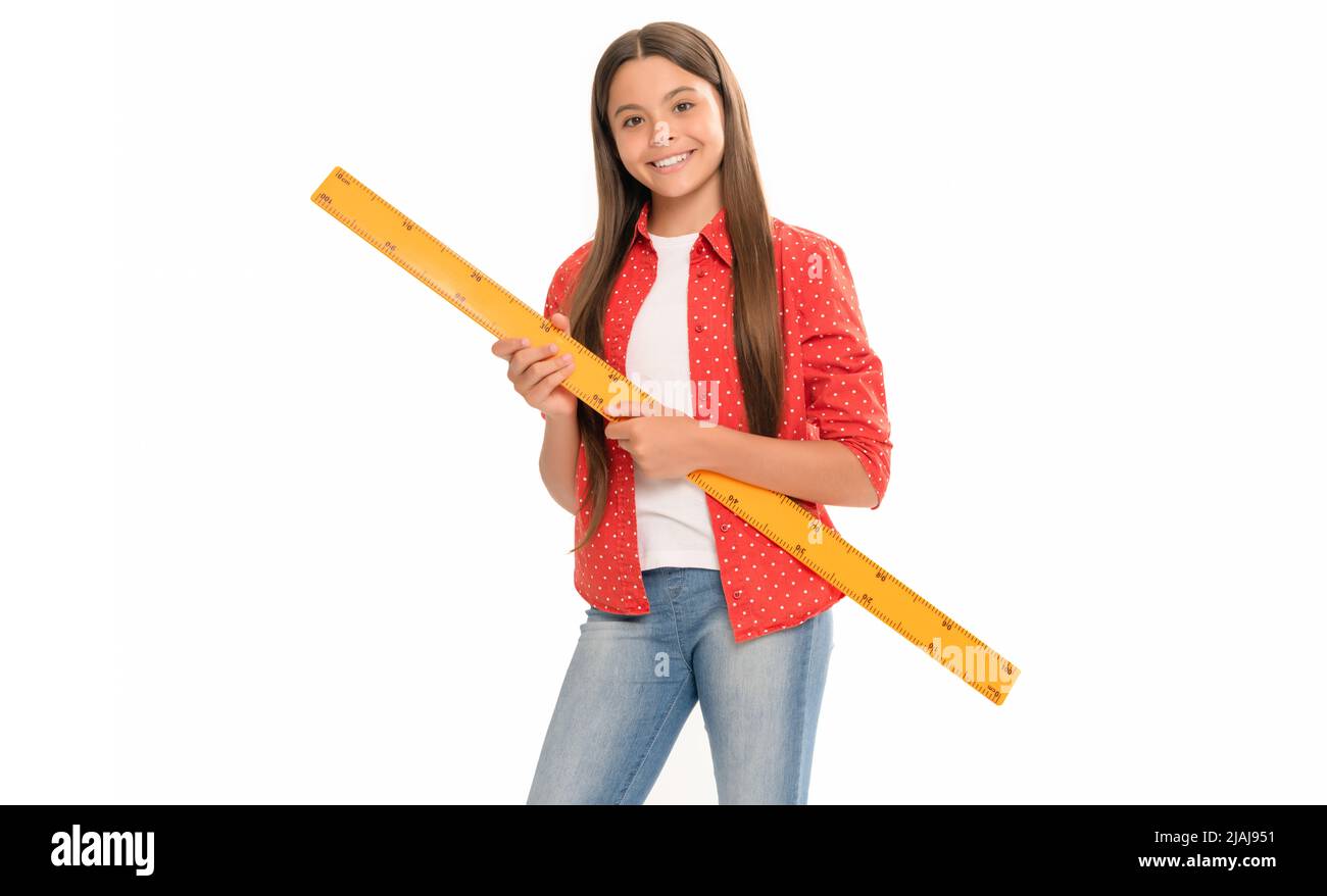 happy teen girl hold ruler study math at school isolated on white ...