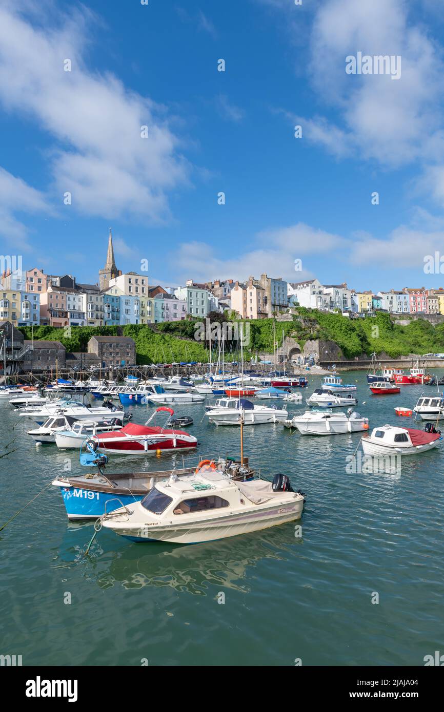 The pretty harbour of Tenby Pembrokeshire with its many small boats ...