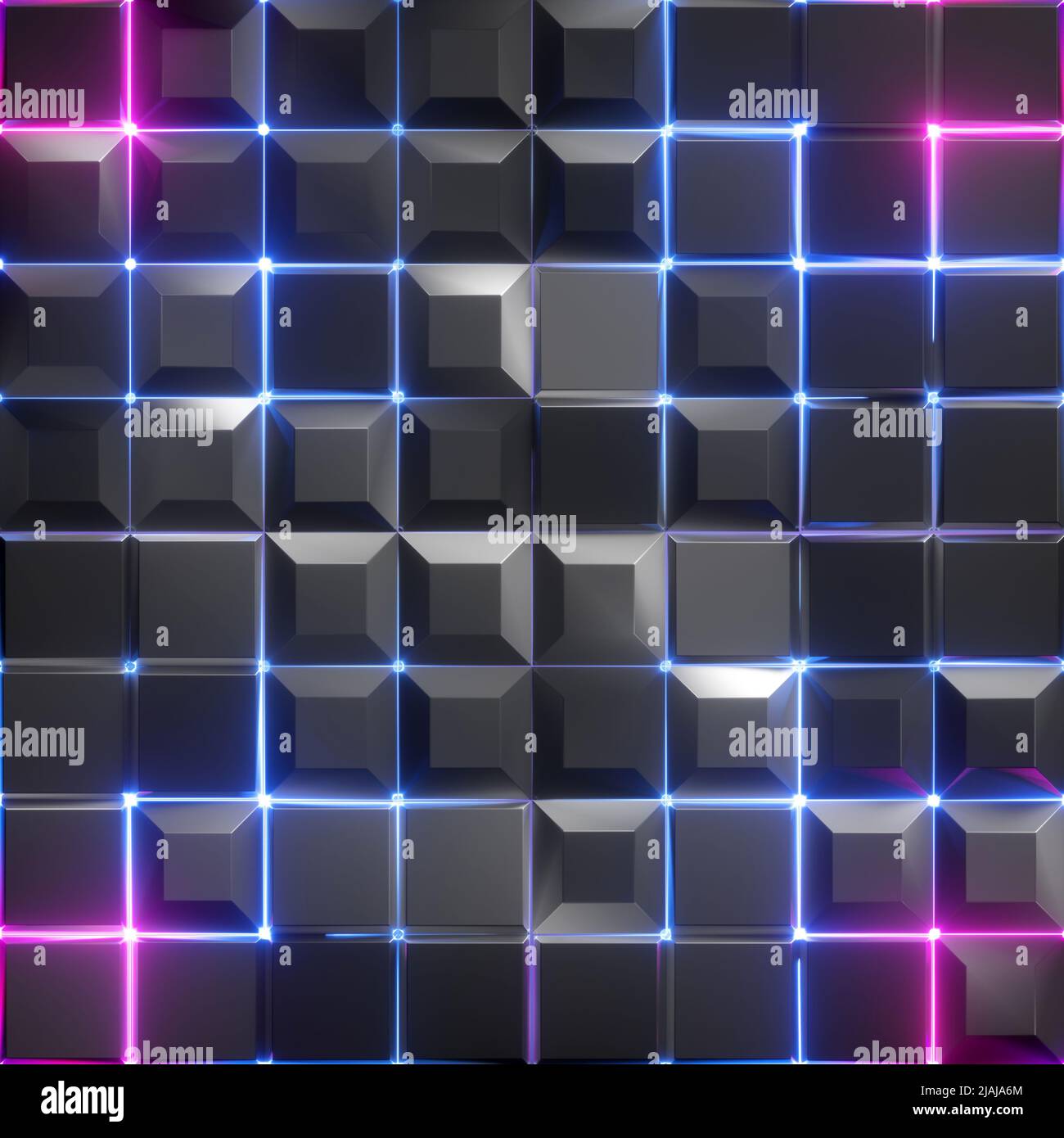 3d render, abstract faceted background, pink blue glowing neon light ...