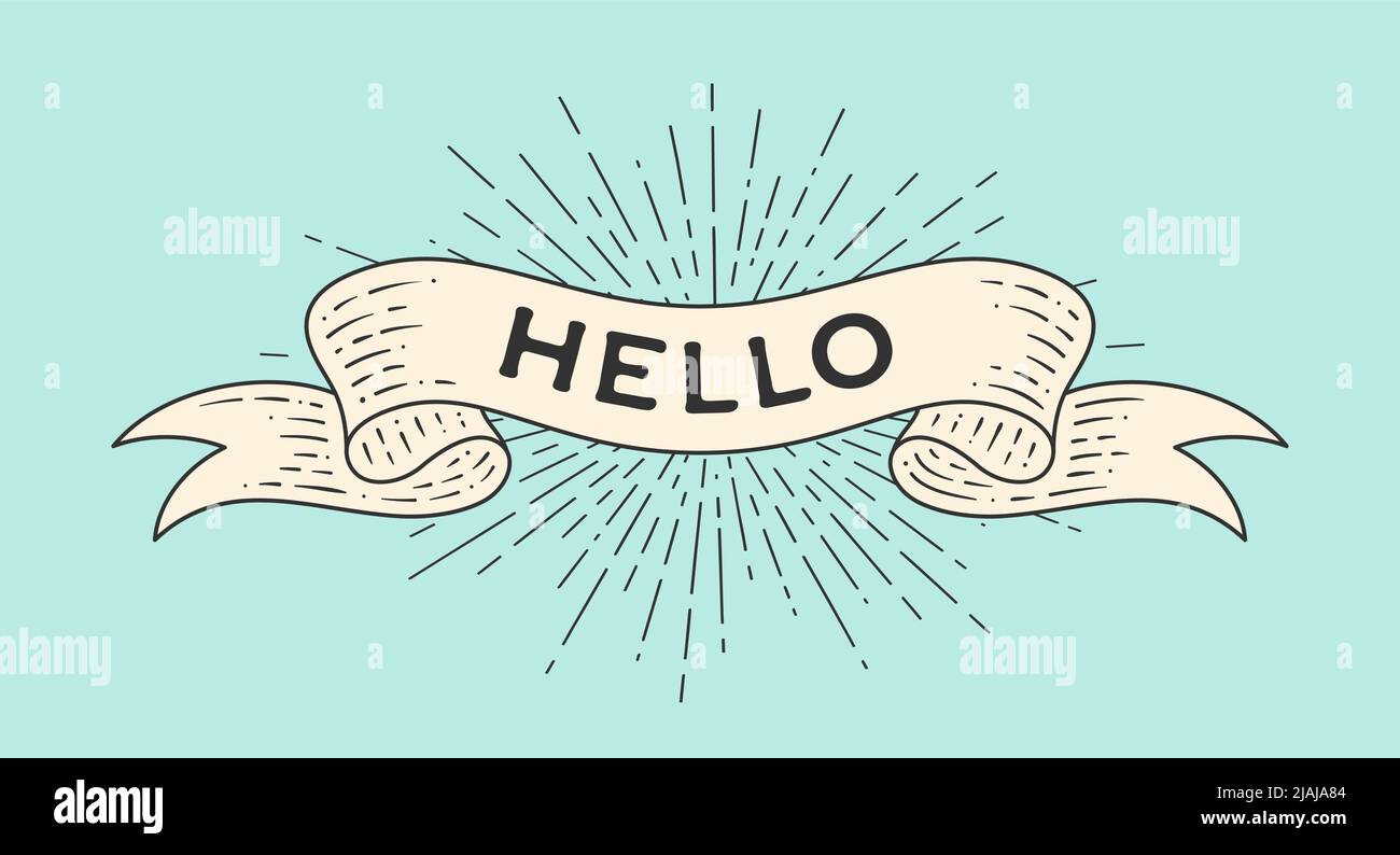 Hello. Old school vintage ribbon, retro greeting card with ribbon, text ...