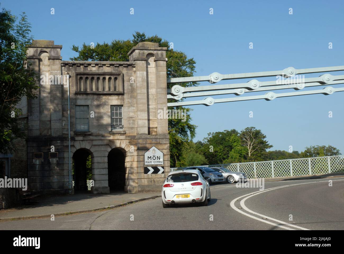 The Menai Suspension Bridge, designed by Thomas Telford, looking across ...