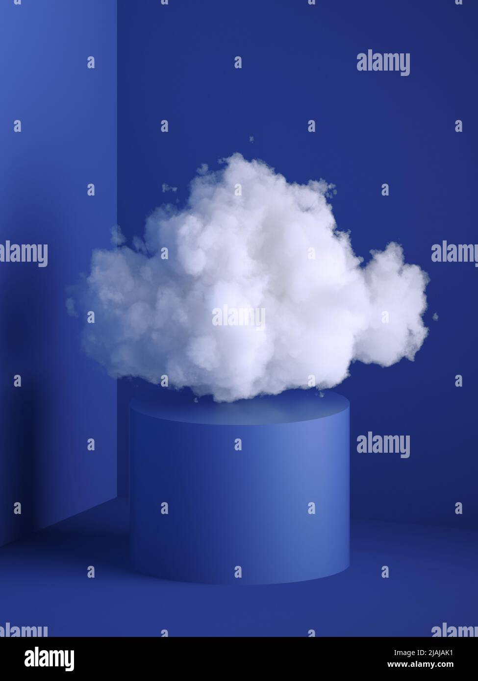 3d render, white fluffy cloud above the cylinder pedestal, round podium ...