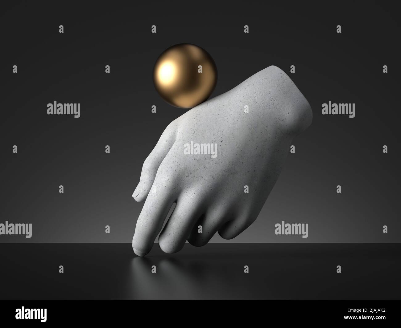 3d render, golden ball balancing on mannequin hand, isolated on black ...
