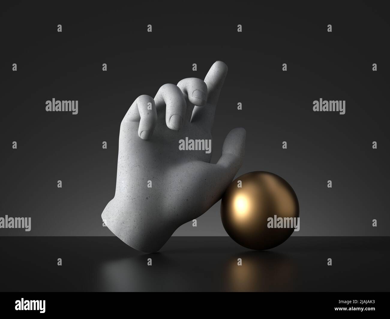3d render, mannequin hand and golden ball, isolated on black background ...