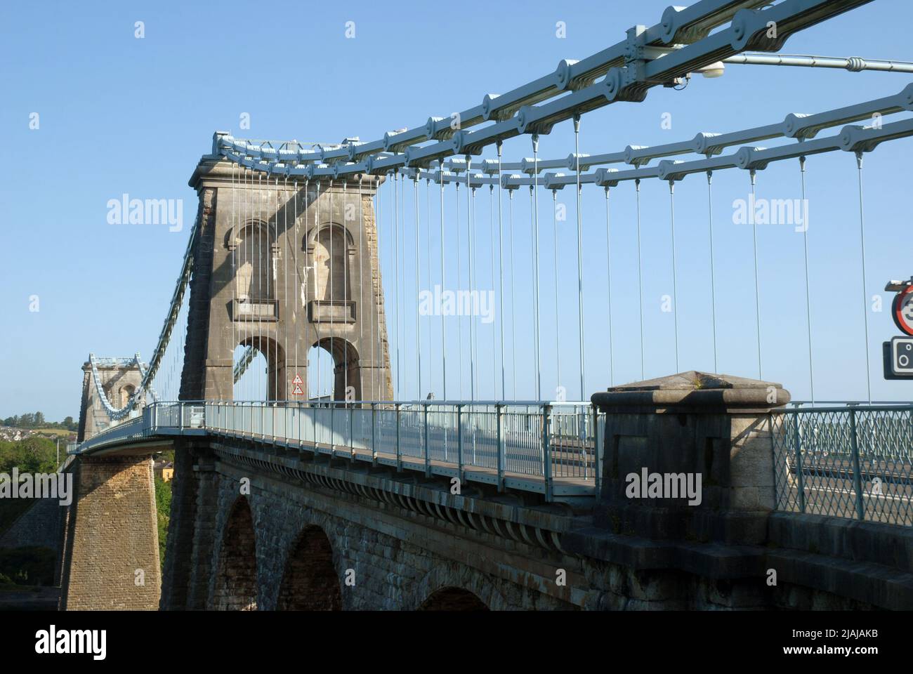The Menai Suspension Bridge, designed by Thomas Telford, looking across ...