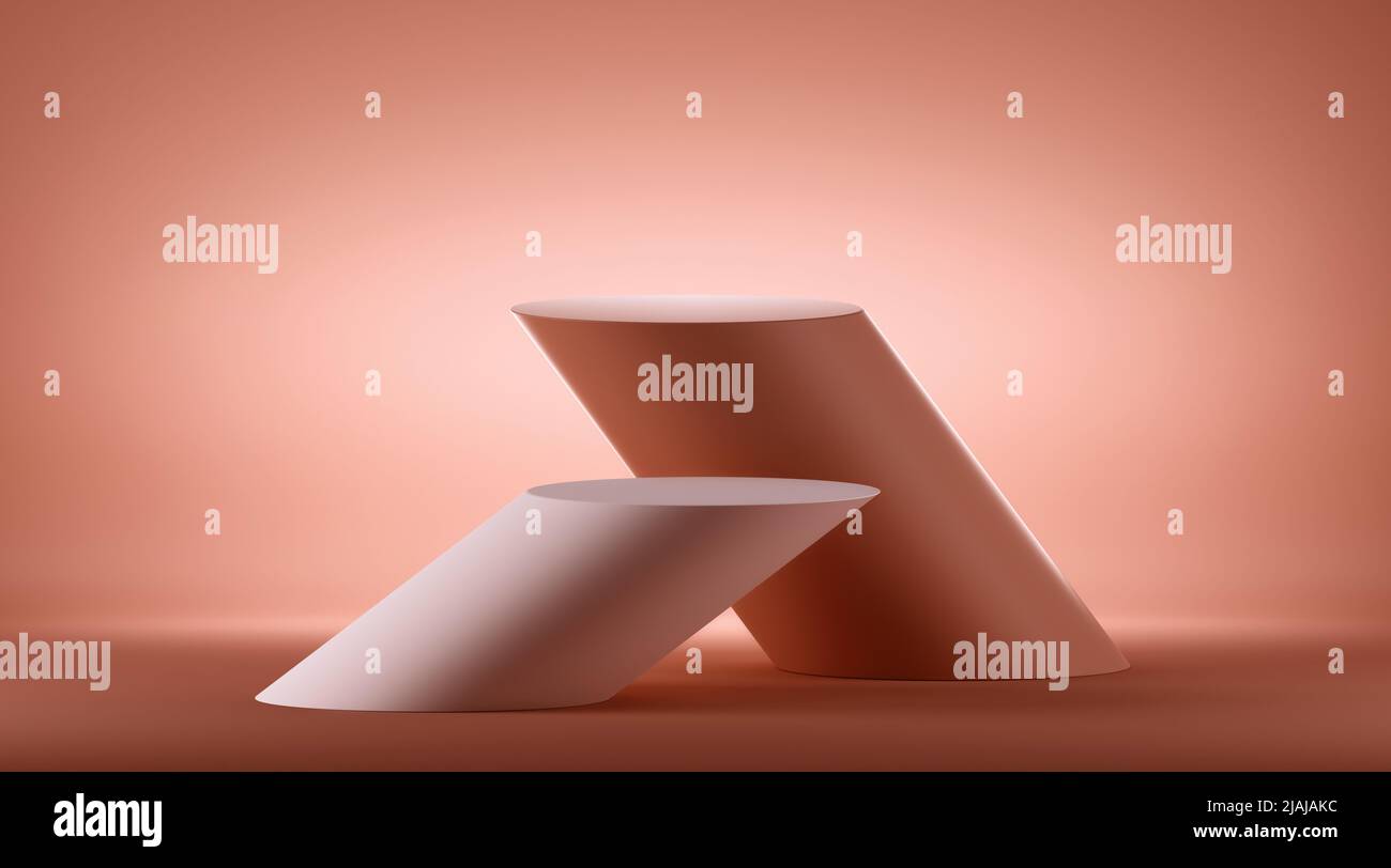3d render, inclined cylinder pedestal, empty podium, blank mockup with ...