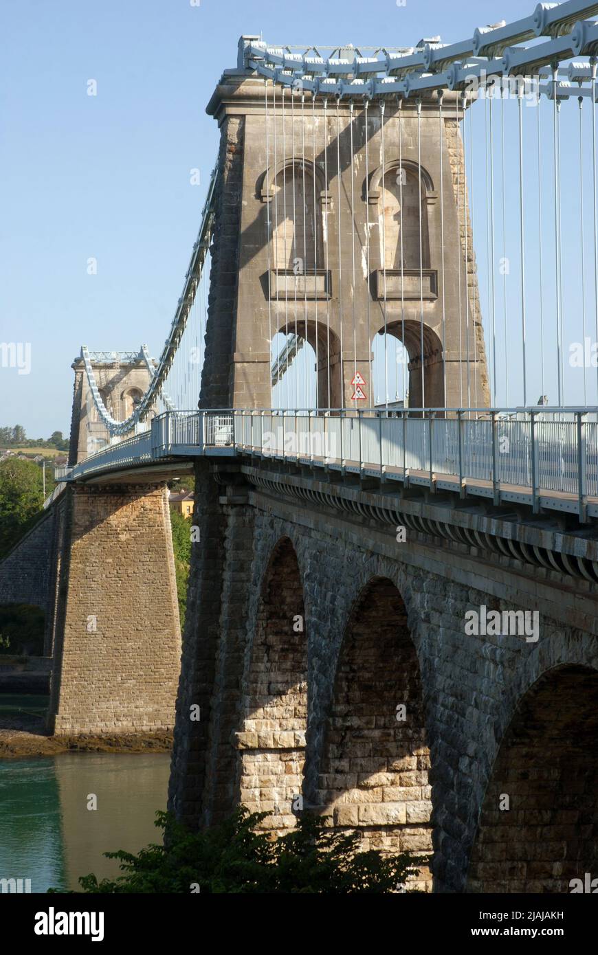 The Menai Suspension Bridge, designed by Thomas Telford, looking across ...