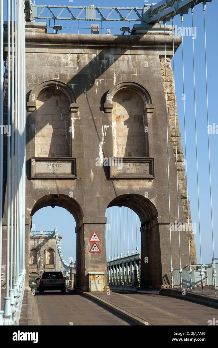The Menai Suspension Bridge, designed by Thomas Telford, looking across ...