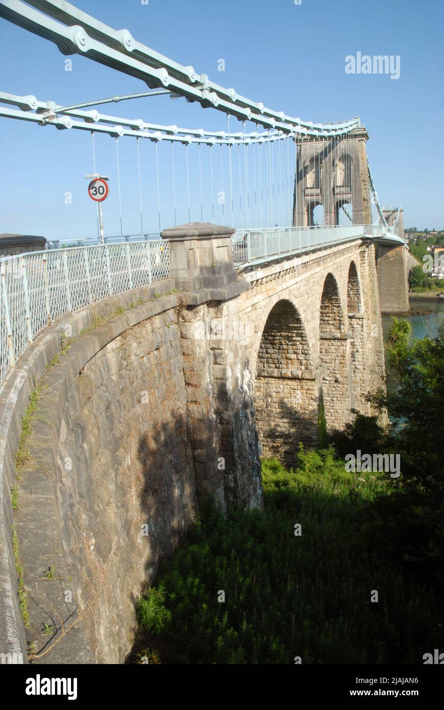 The Menai Suspension Bridge, designed by Thomas Telford, looking across ...