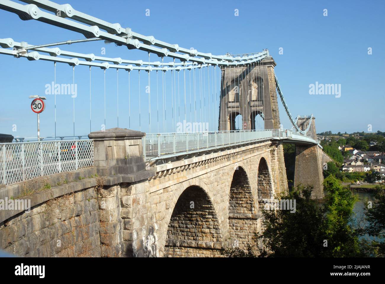 The Menai Suspension Bridge, designed by Thomas Telford, looking across ...