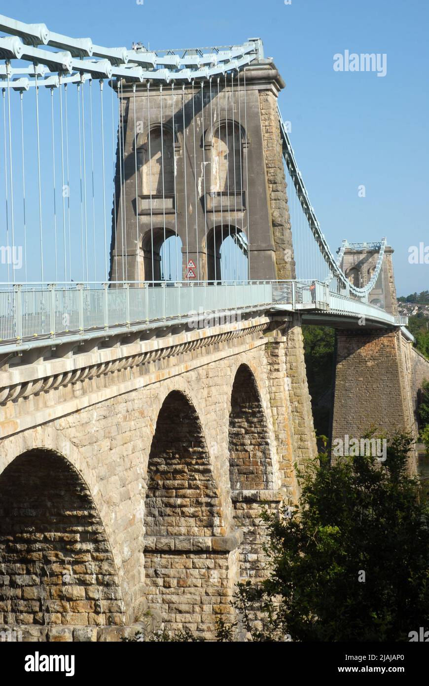 The Menai Suspension Bridge, designed by Thomas Telford, looking across ...