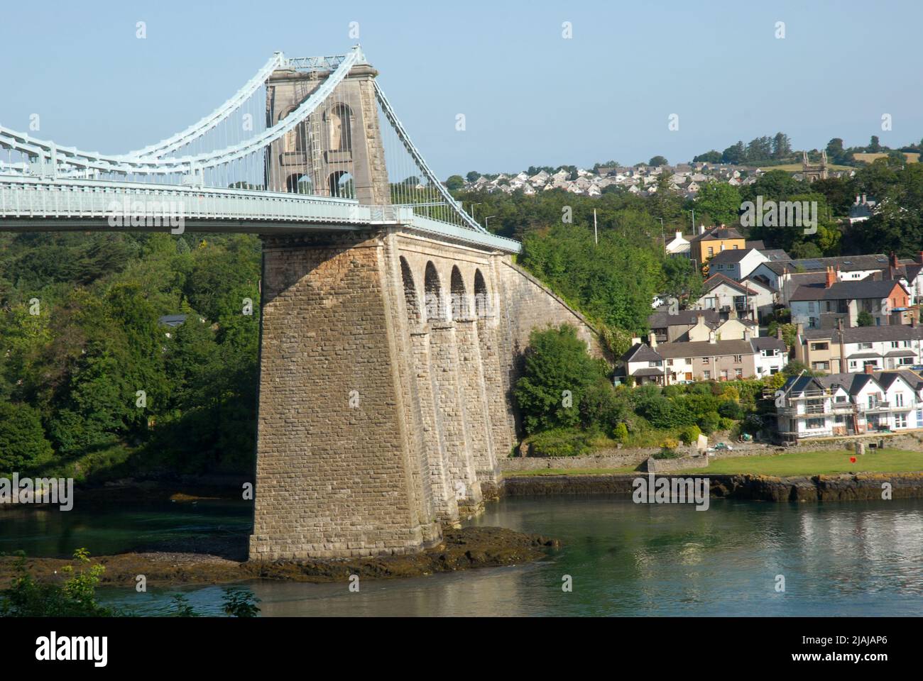 The Menai Suspension Bridge, designed by Thomas Telford, looking across ...