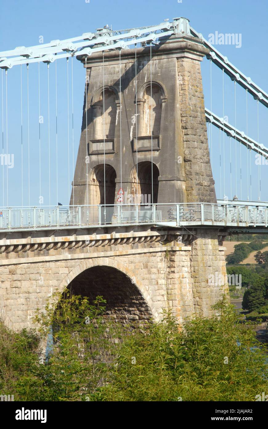 The Menai Suspension Bridge, designed by Thomas Telford, looking across ...