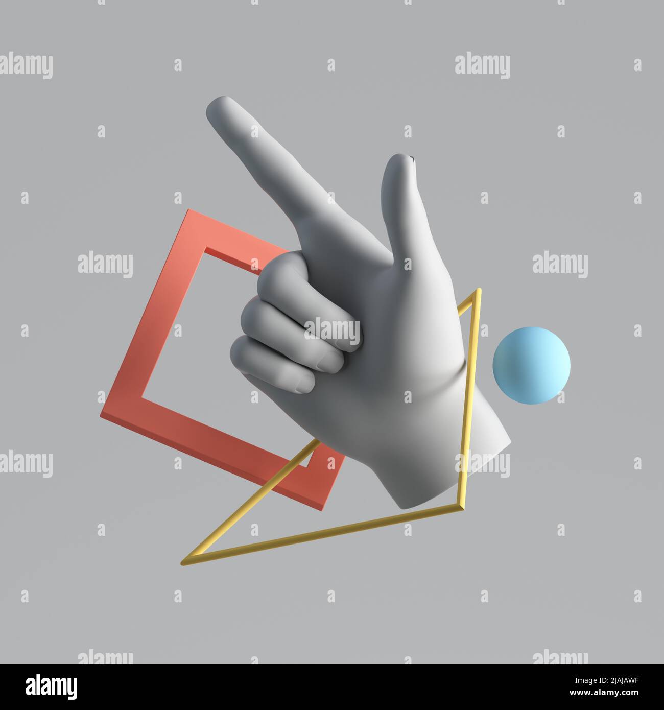 3d render white artificial hand, geometric objects levitating. Pointing ...