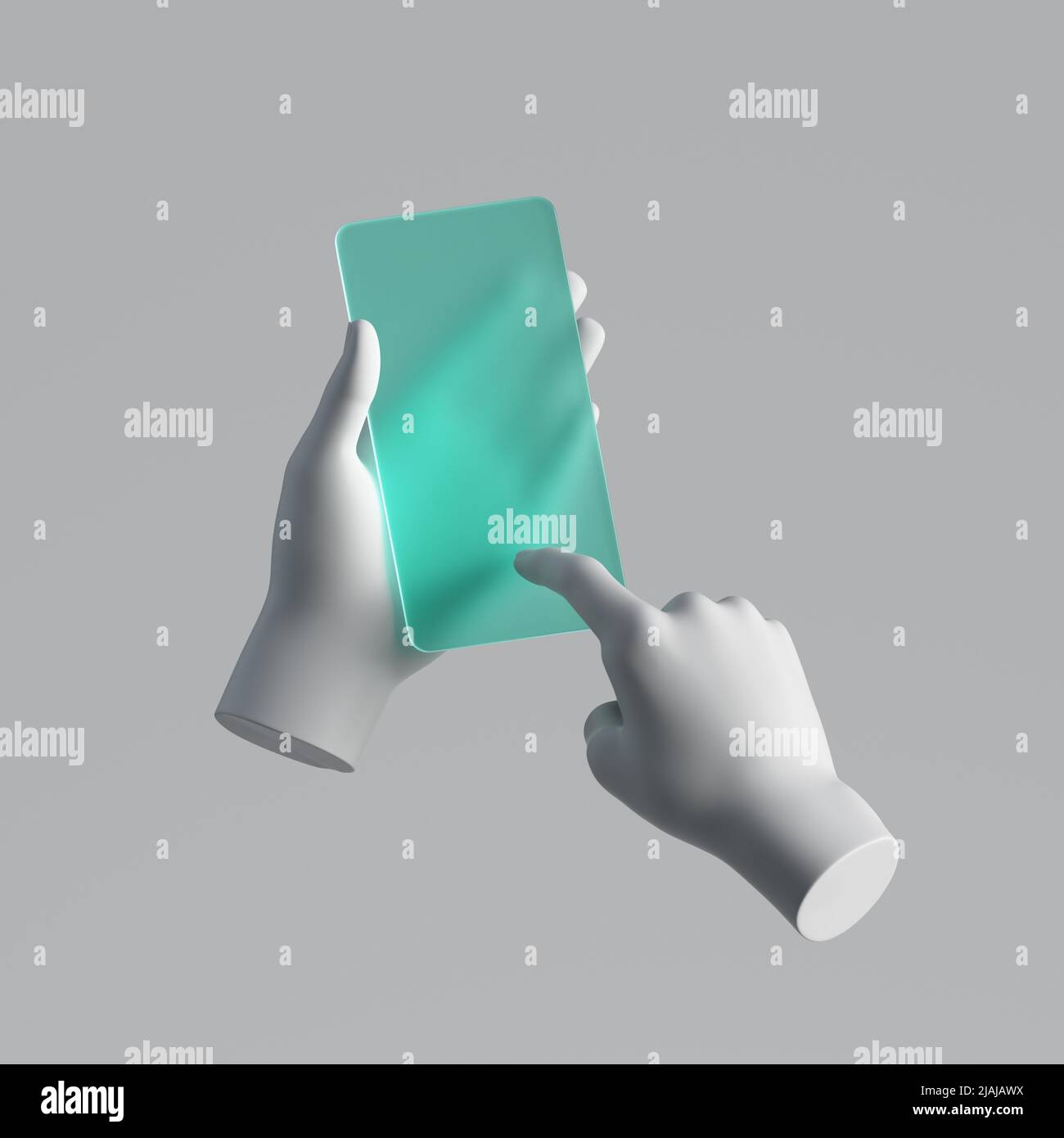 3d render, mannequin hands holding mint green glass smart phone ...