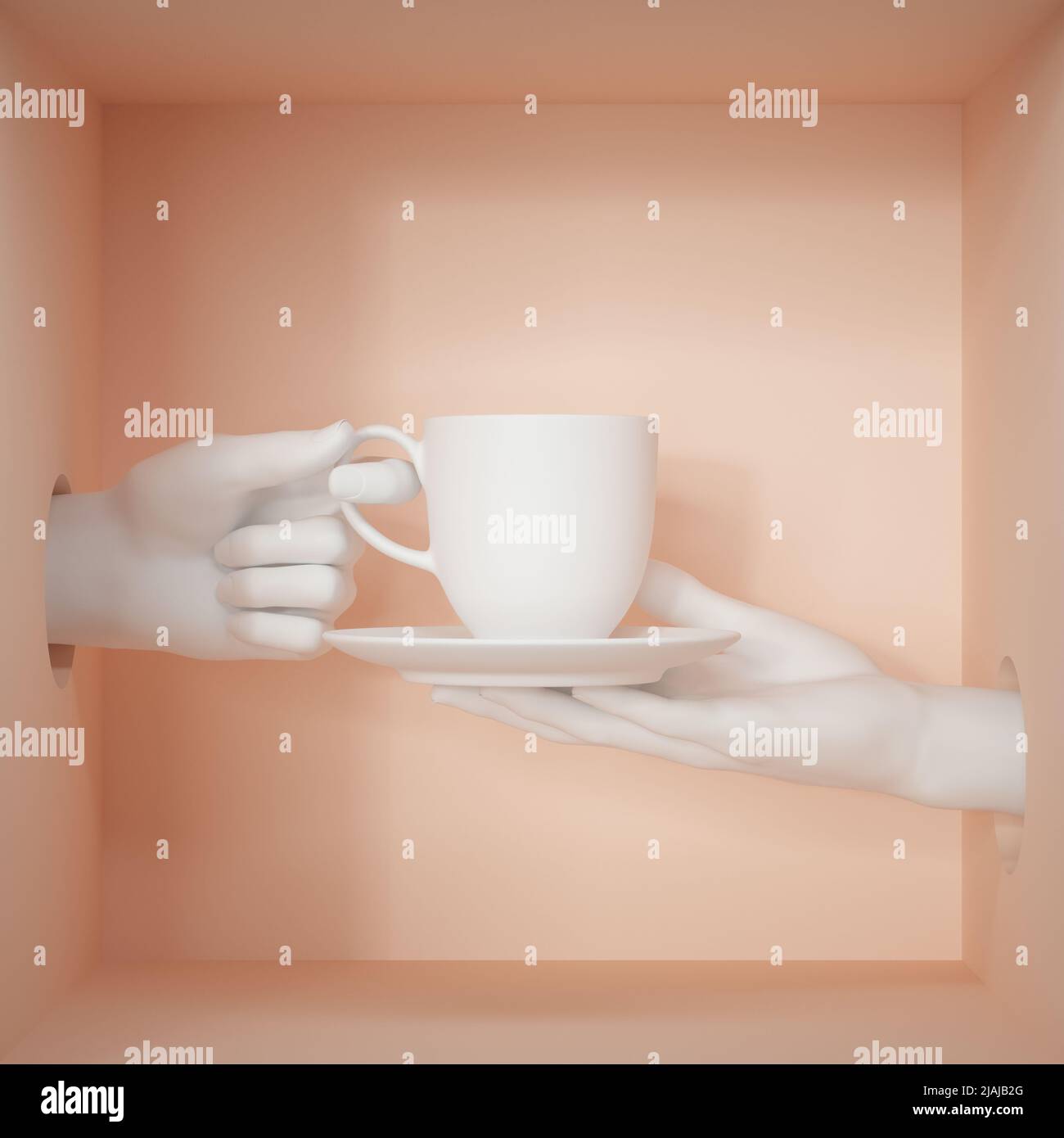 3d render, white objects inside peachy box. Hands holding porcelain cup ...
