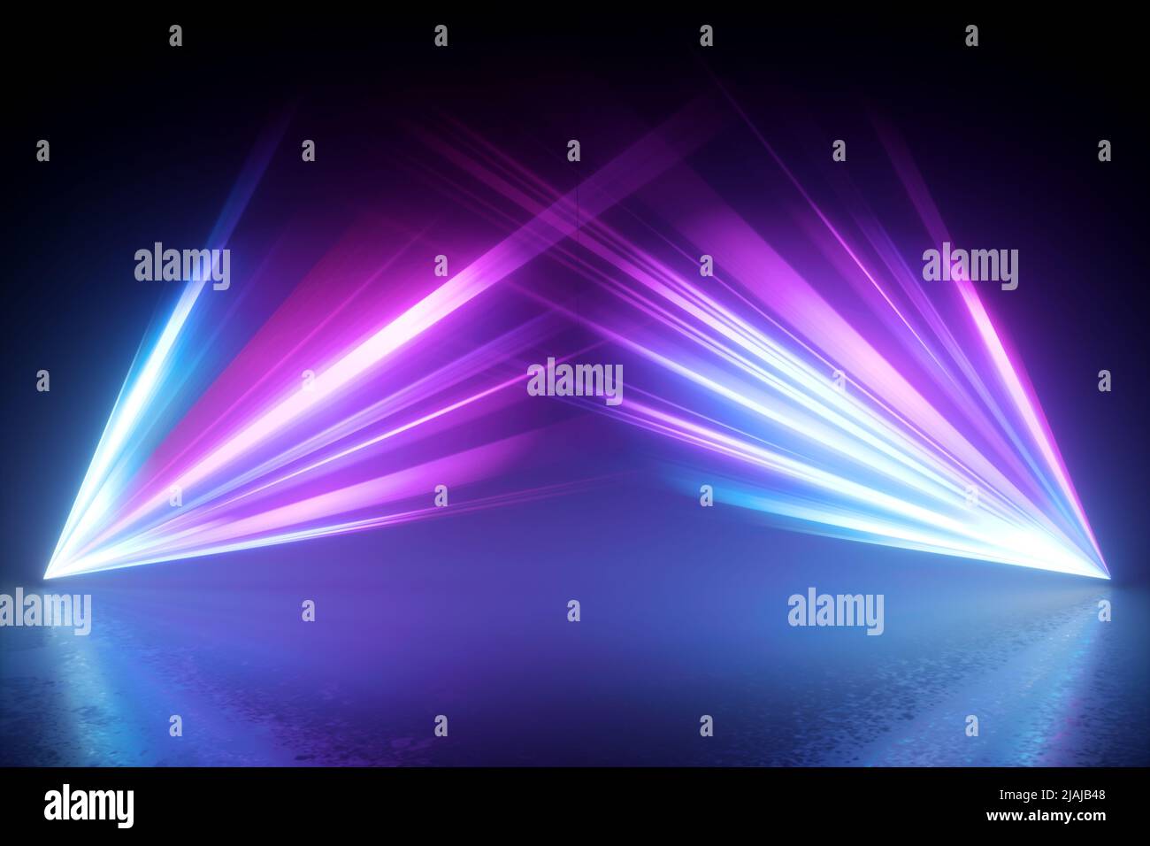 3d render, digital illustration. Bright projector shining inside empty ...