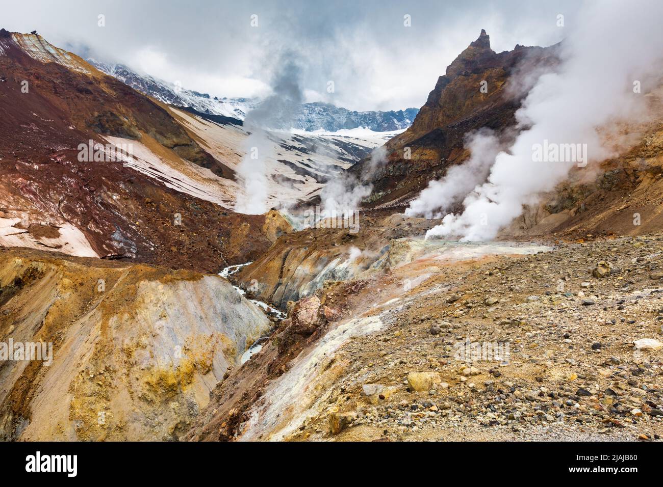 Majestic mountain landscape, crater of active volcano: hot spring and ...