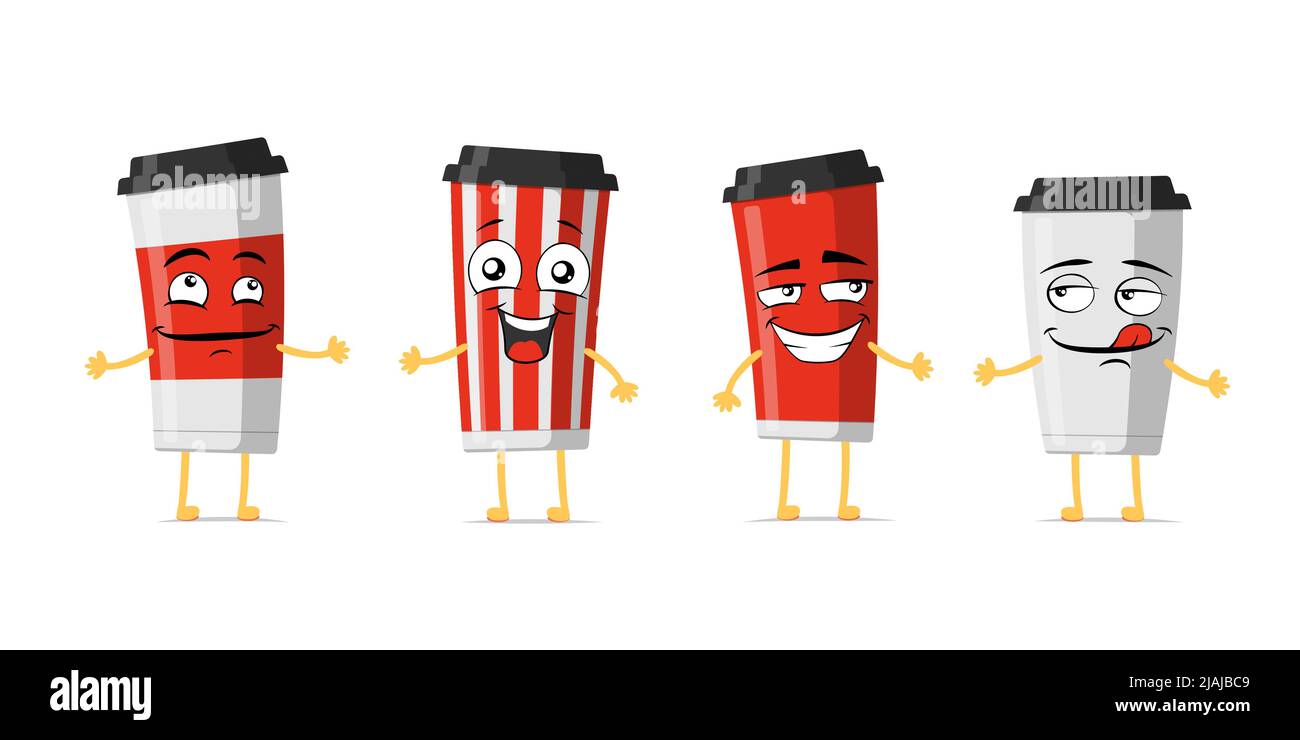 Disposable drink cup funny smiling cartoon character set. Beverage mug ...