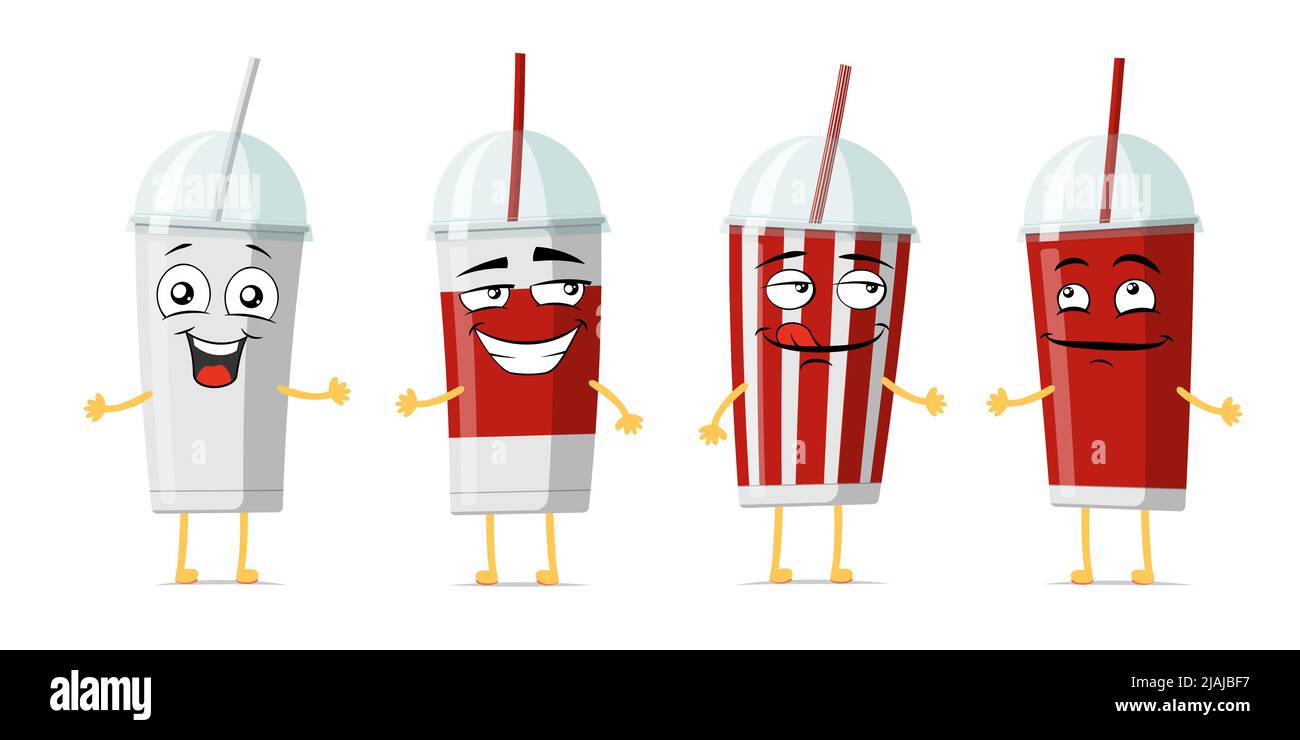 Disposable soft drink cup with straw funny smiling cartoon character ...