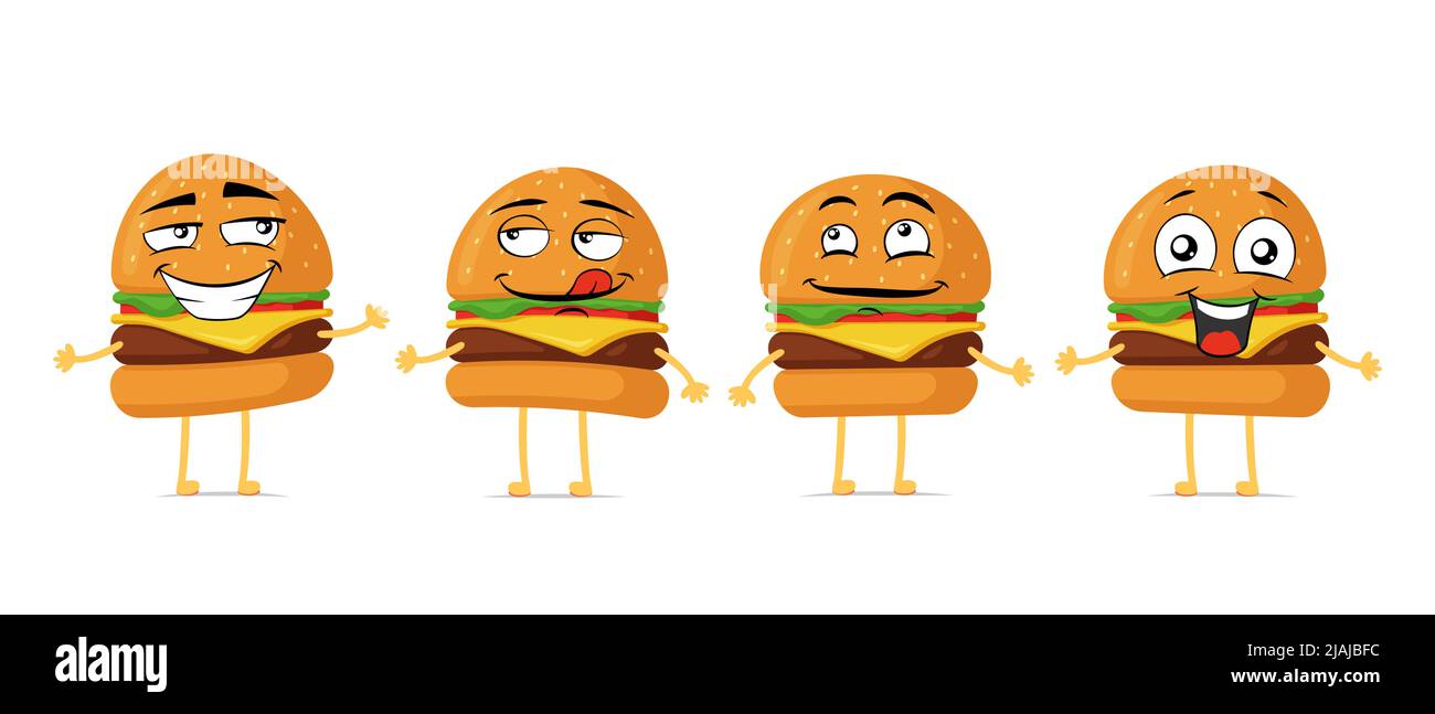 Burger funny smiling cartoon character set. Hamburger cute happy face ...