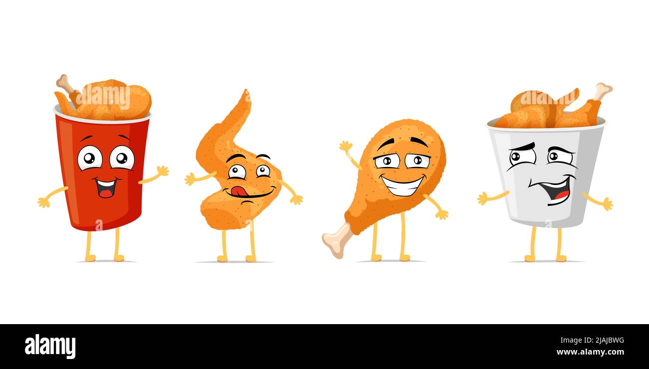 Fried crispy chicken leg and wing funny smiling cartoon character set ...