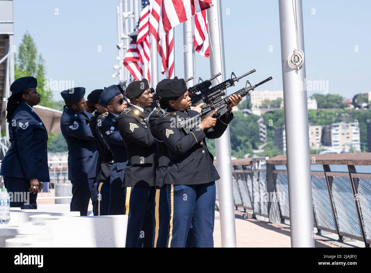 New York, NY - May 30, 2022: US Army and US Air Force rehearse the 3 ...