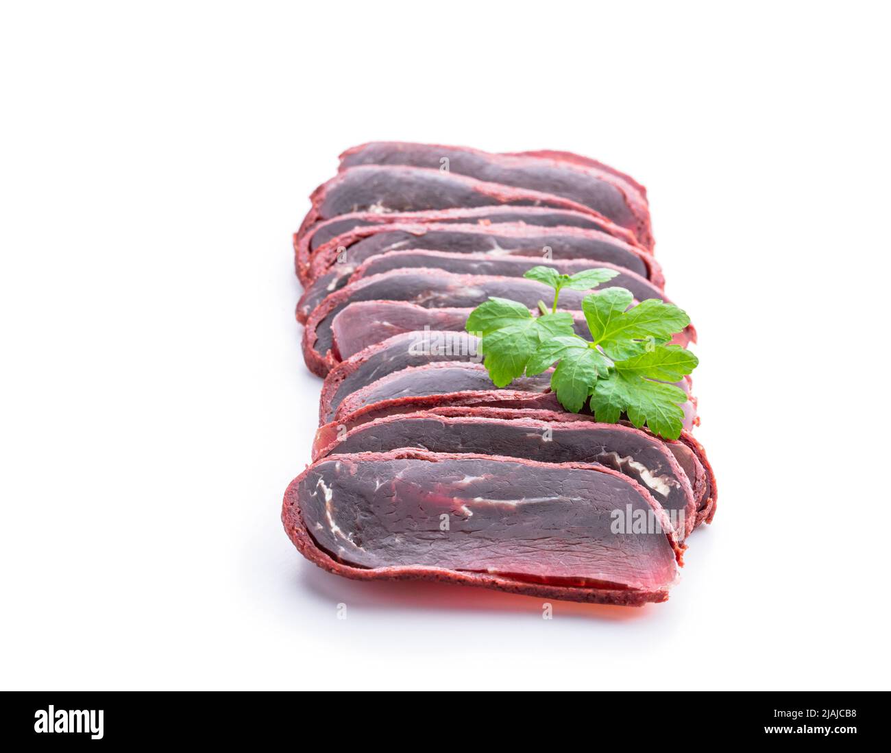 Dried meat beef jerky slice isolated on white Stock Photo - Alamy