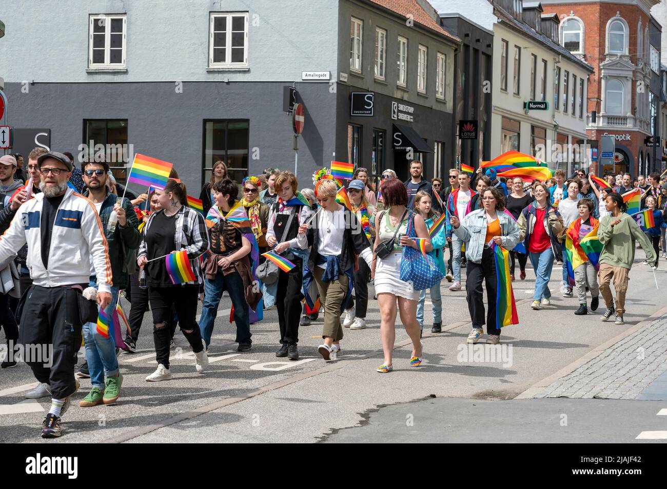 Aarhus pride parade 2022 - Crowd marching the streets, on 28 May 2022 ...