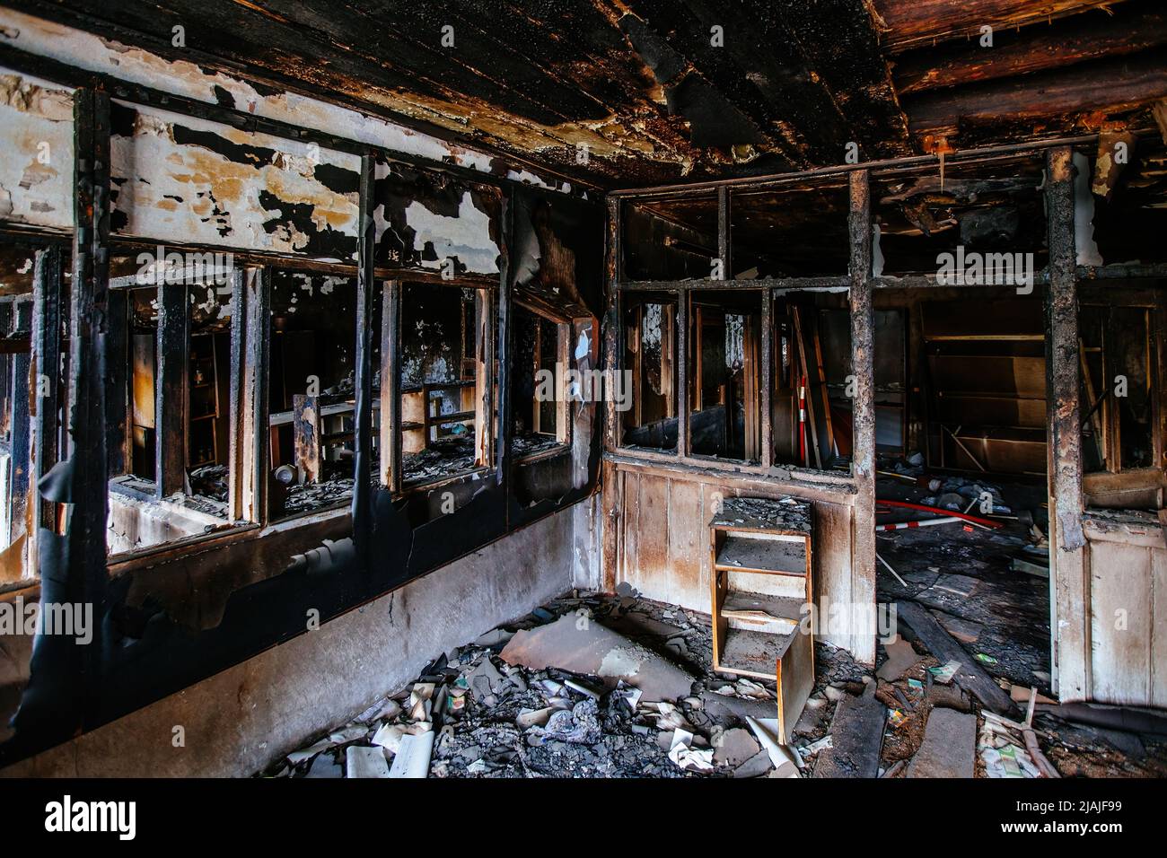 Burned interiors of hospital. Fire or war consequences concept Stock ...
