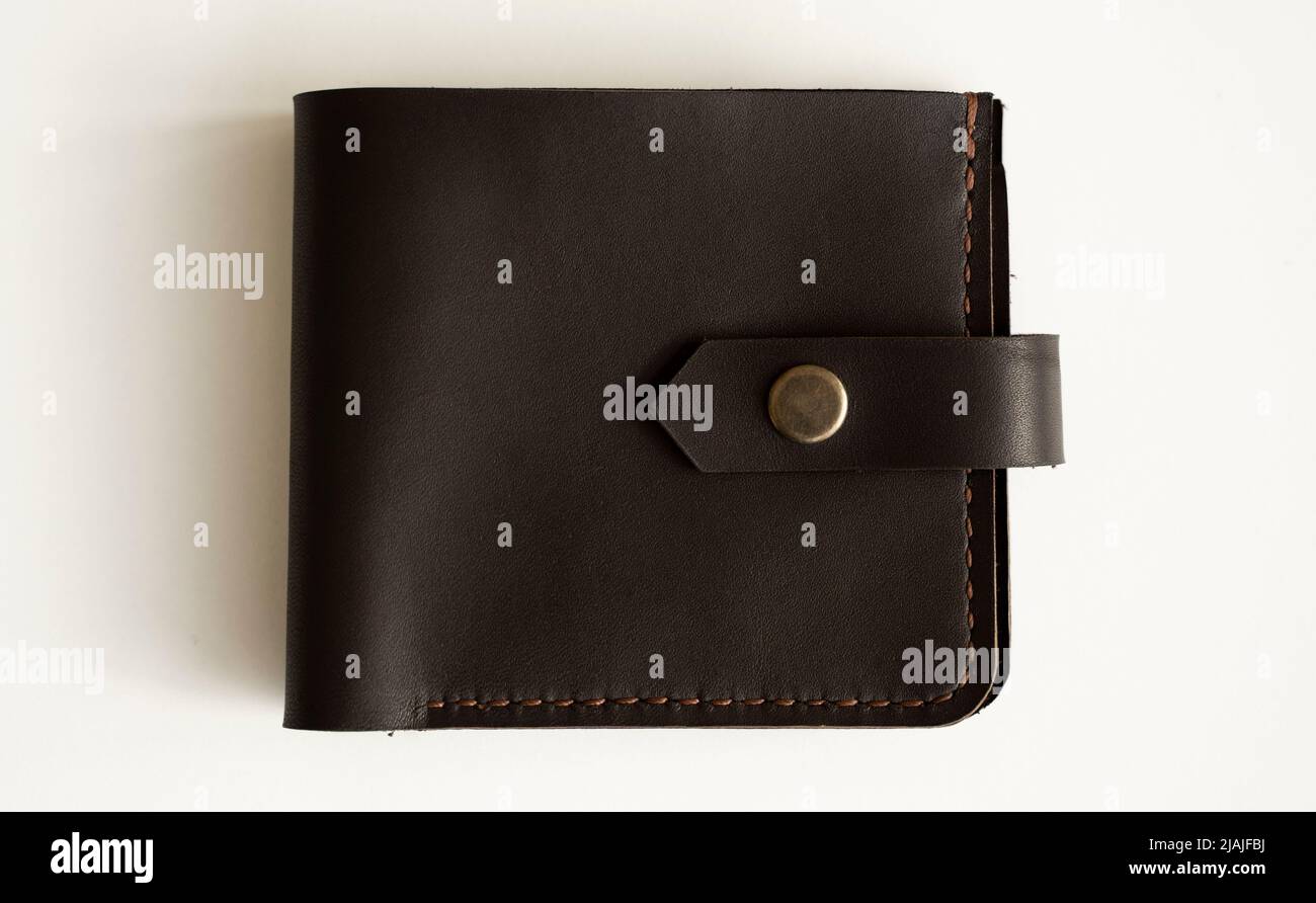 Top view of brown empty man's black handmade genuine leather wallet for ...