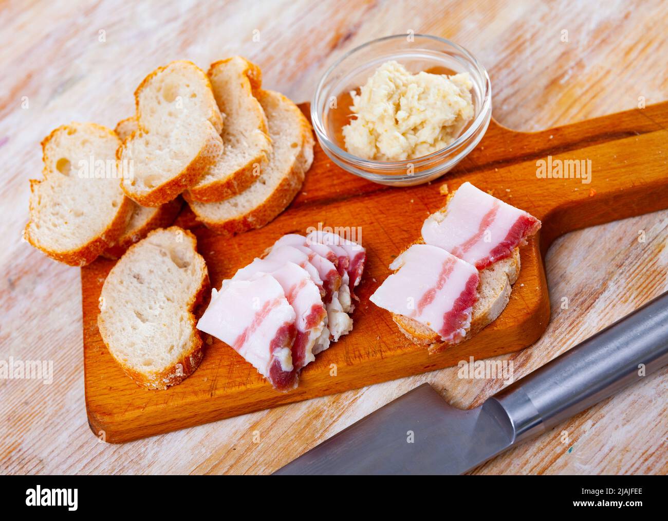 Traditional Russian and Ukrainian food, salted smoked pork bacon with ...