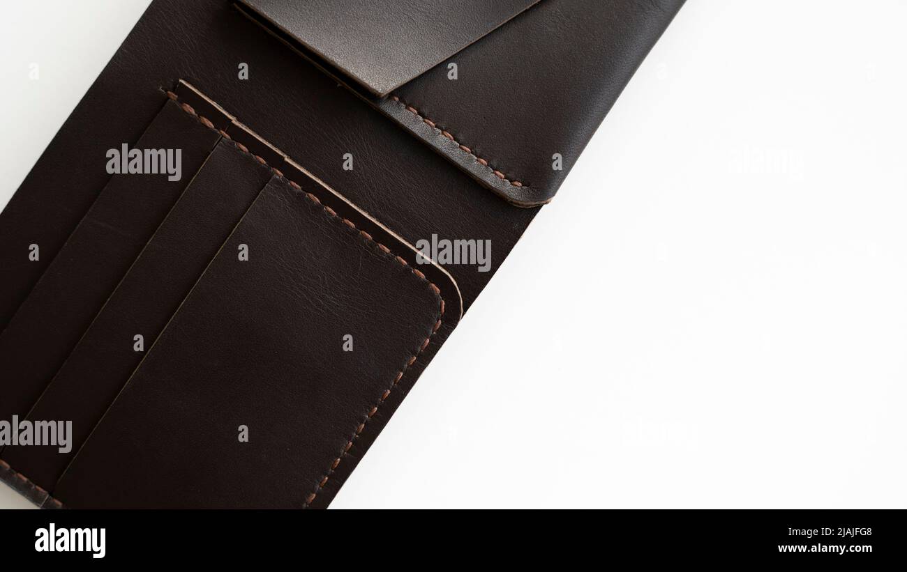 Top view of open brown empty man's black handmade genuine leather ...