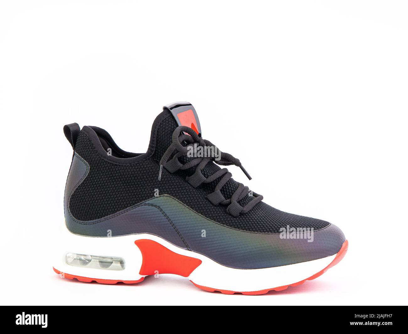 Women's black and orange hiking boots isolated white background. Right ...