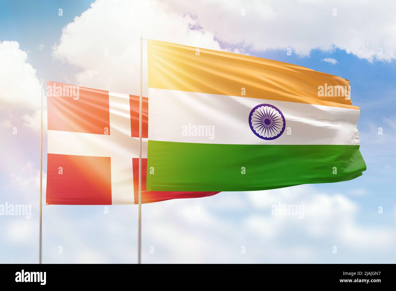 Sunny blue sky and flags of india and denmark Stock Photo - Alamy