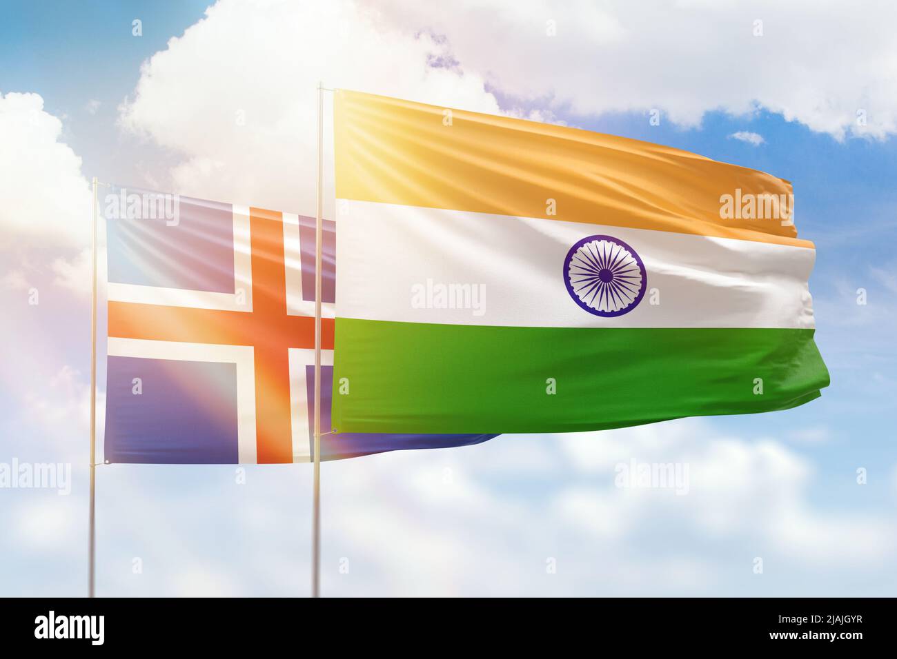 Sunny blue sky and flags of india and iceland Stock Photo - Alamy